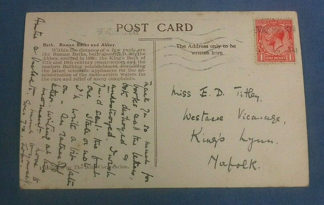 Vintage Real Photo Postcard Bath Roman Baths And Abbey Postmarked 1926 ...