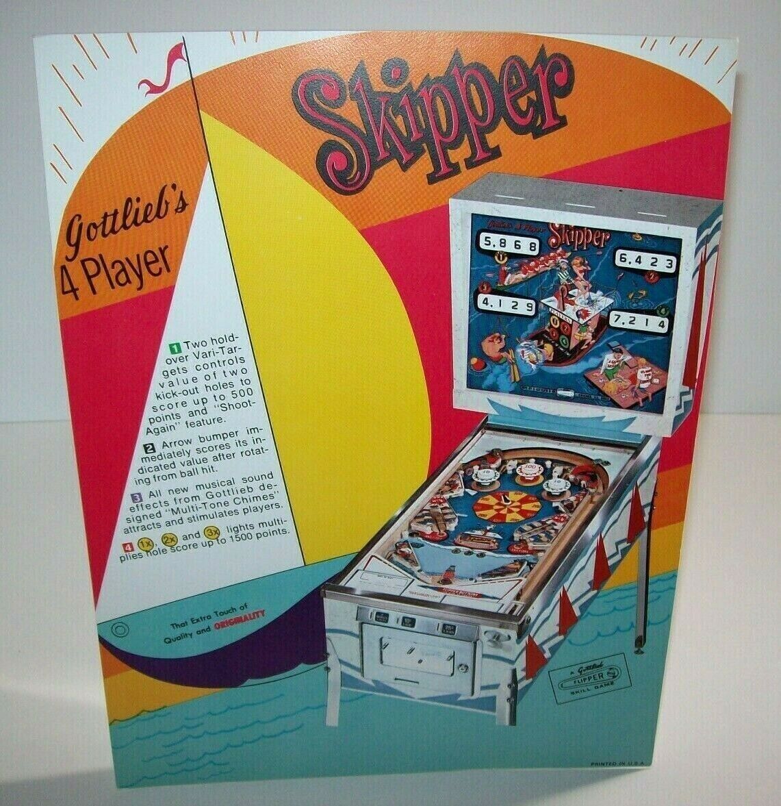 Skipper Pinball FLYER Original 1969 Game Art Sheet Ocean Water Sports ...