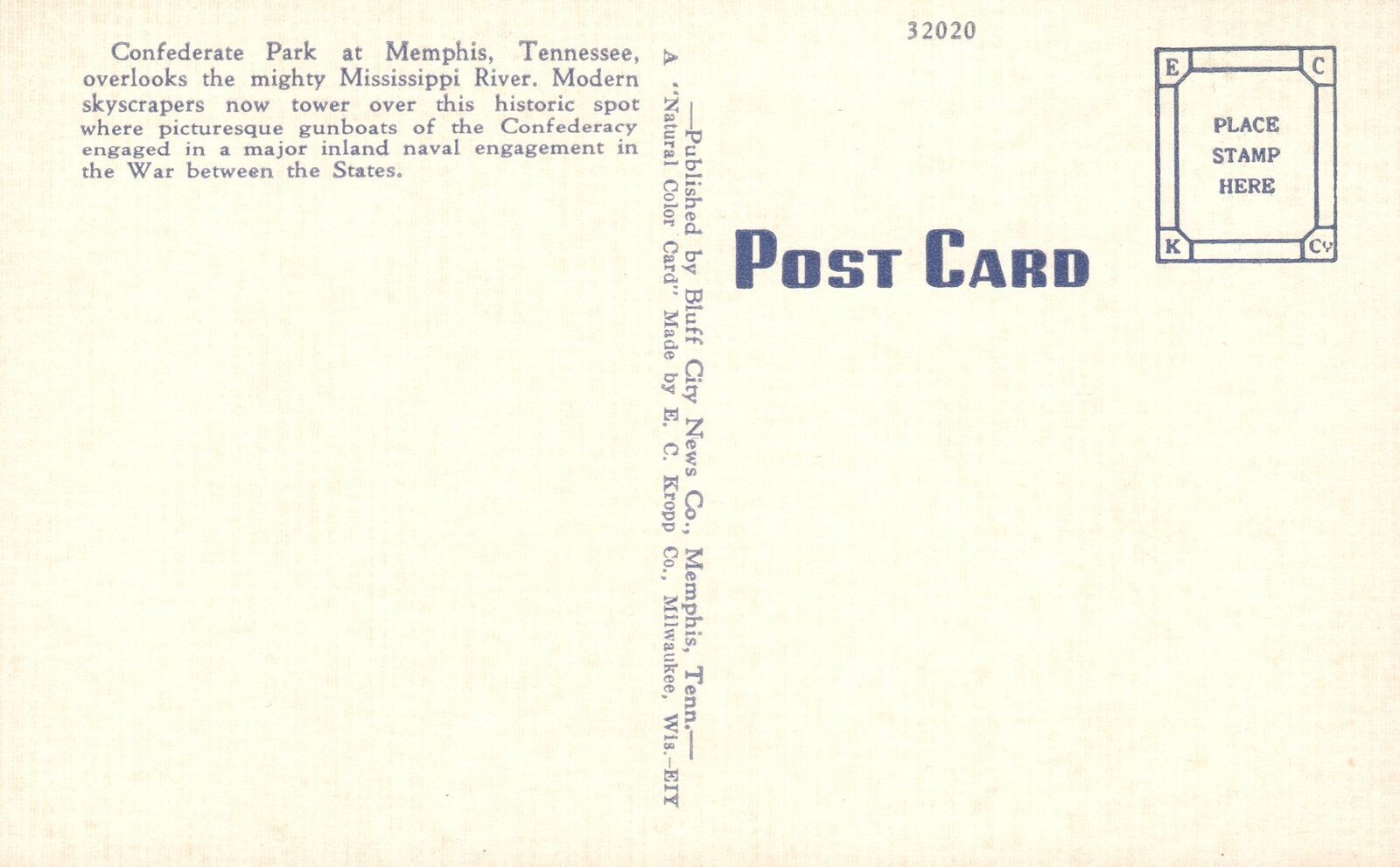 Vintage Postcard 1930's Confederate Park Post Office Memphis Tennessee ...