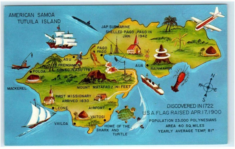 AMERICAN SAMOA ~ Pictorial MAP of TUTUILA ISLAND c1960s Postcard ...