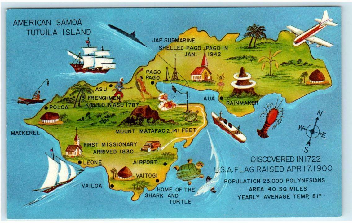 AMERICAN SAMOA ~ Pictorial MAP of TUTUILA ISLAND c1960s Postcard ...