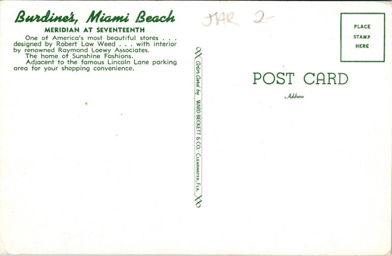 Burdines Miami Beach Meridian Severntetth Sushine Vintage Color Card ...