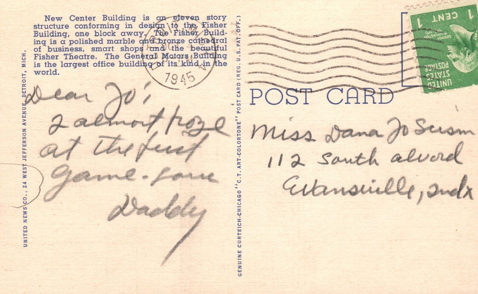 Vintage Postcard 1945 General Motors Fisher Building New Center Detroit ...