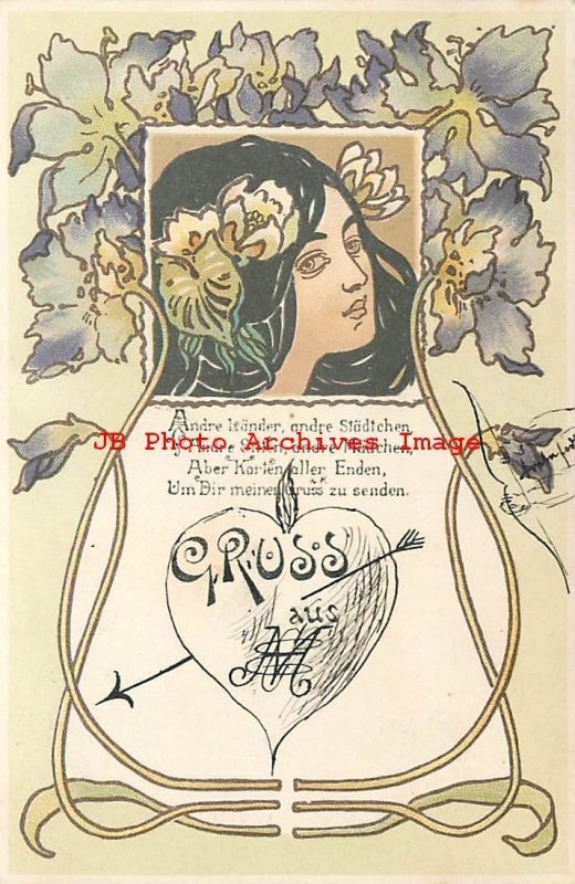 Art Nouveau, Unreadable Artist, Gruss Aus, Woman with Flowers in Her ...
