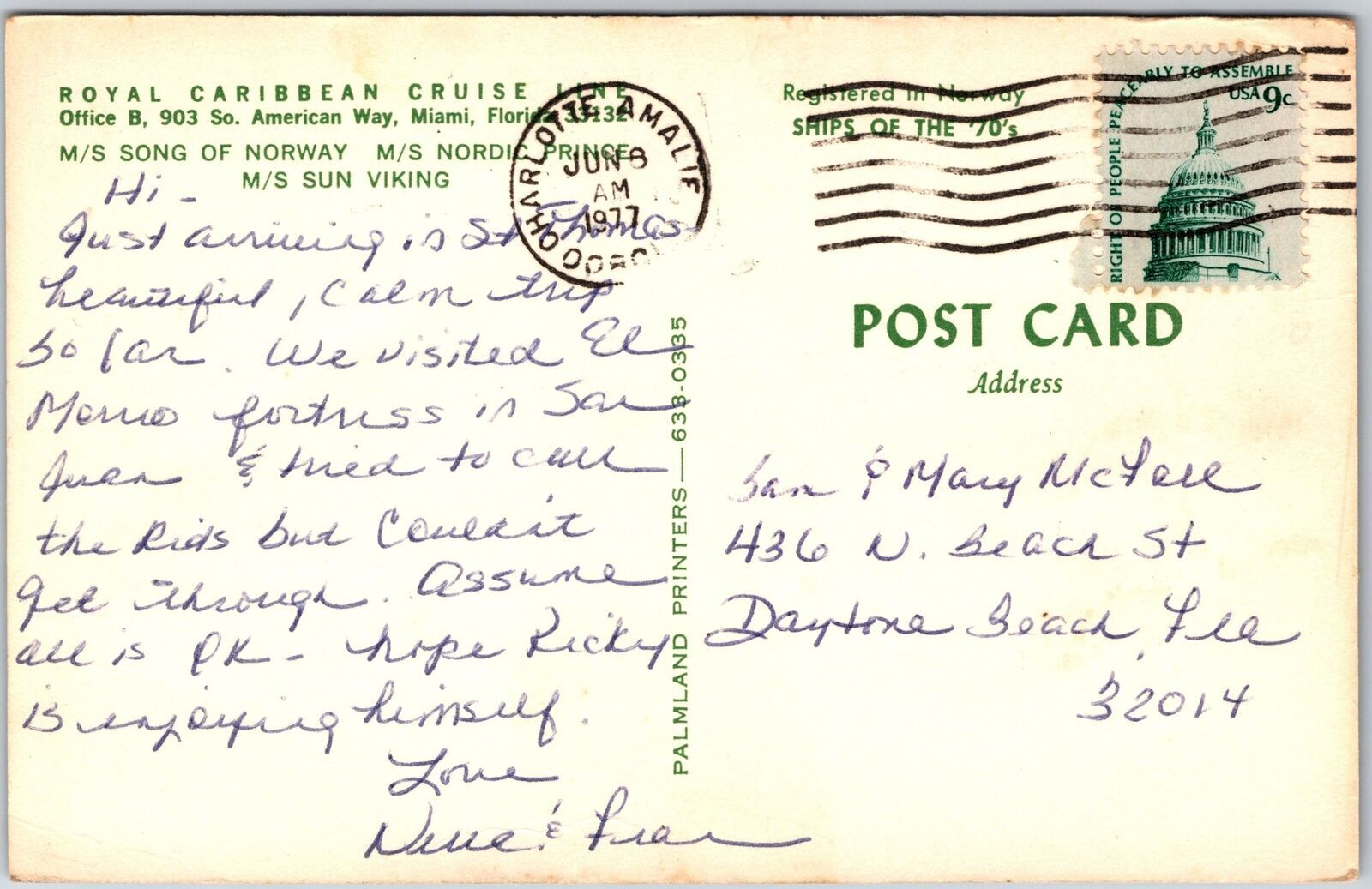 1977 Royal Caribbean Cruise Line American Way Miami Florida Posted ...