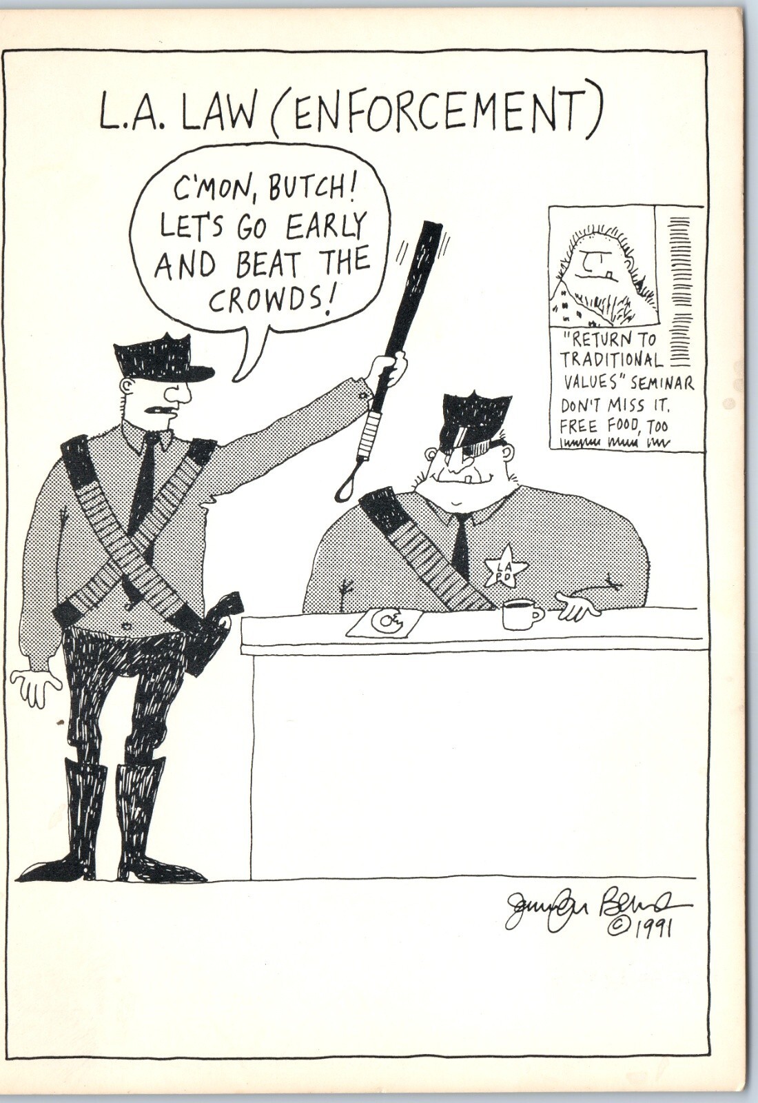 c1991 Humorous Police Cartoon L.A. Law Enforcement 4x6 Jennifer Berman ...