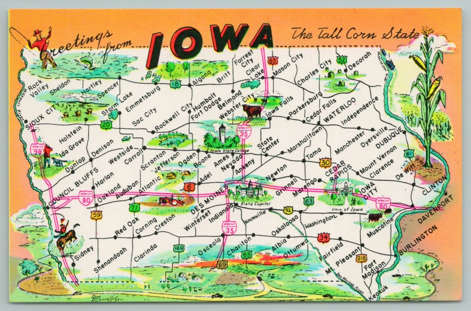 Iowa~Map Of The Roadways In The State~Vintage Postcard | United States ...