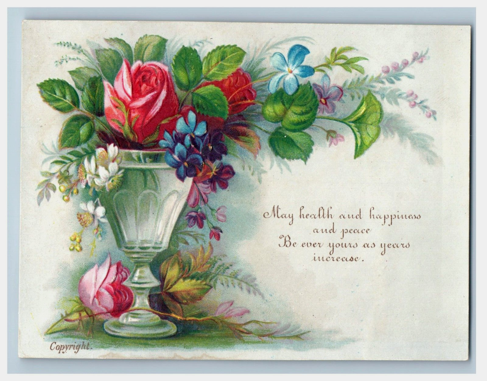 1880s Embossed Victorian Well Wishes Card Flowers In Glass Vase Fab ...