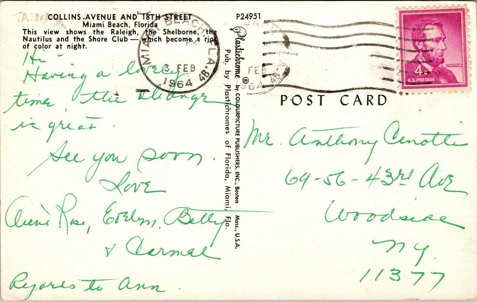 Vtg Miami Beach Florida FL Collins Avenue & 18th Street at Night 1960s ...