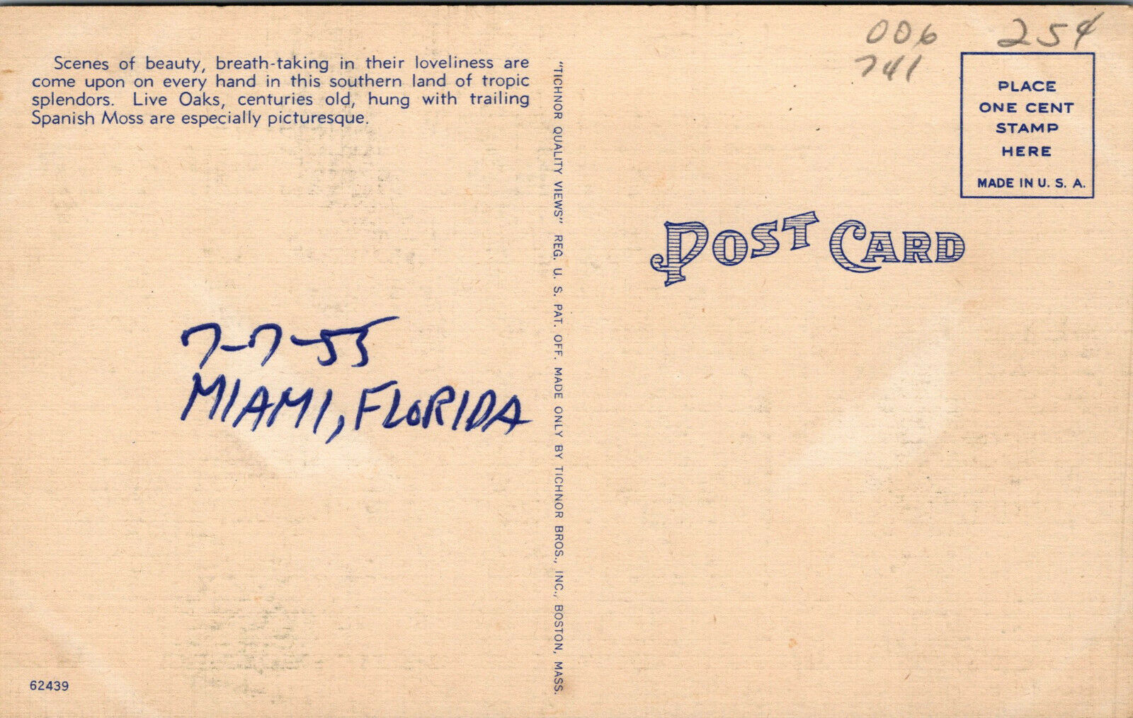 Vtg 1950s Age Old Monarch Oak Tree Spanish Moss Miami Florida FL Linen ...