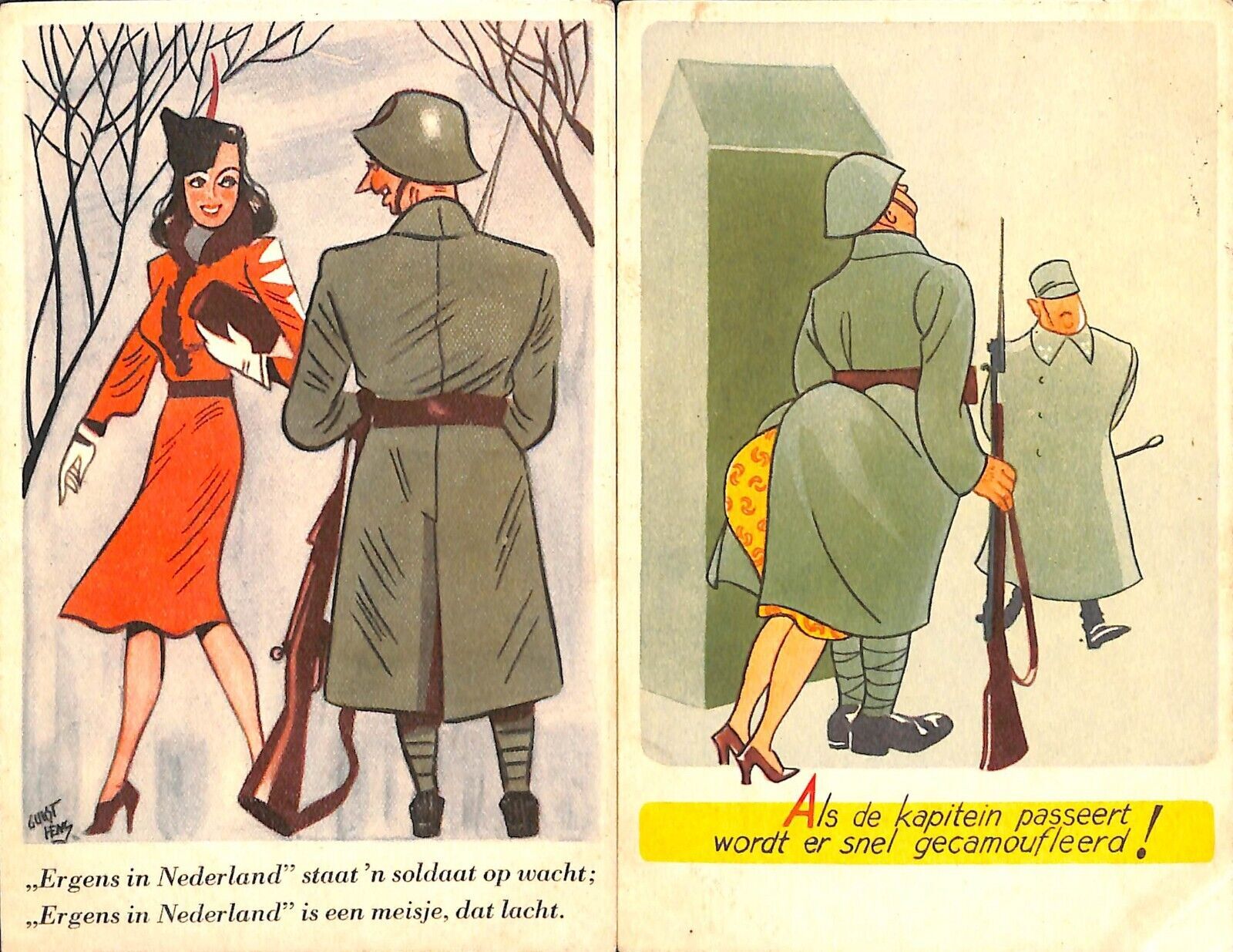 Dutch military humor comic soldiers caricatures unit of 2 postcards ...
