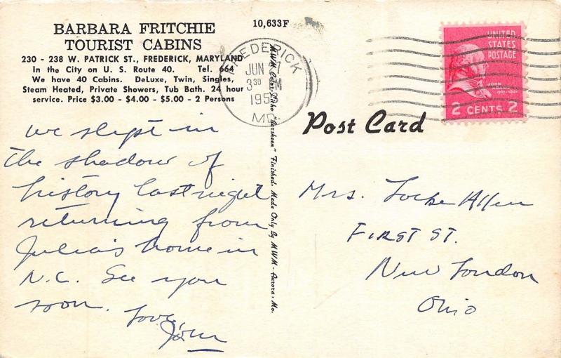 Frederick Maryland 1953 Postcard Barbara Fritchie Cabins | United ...