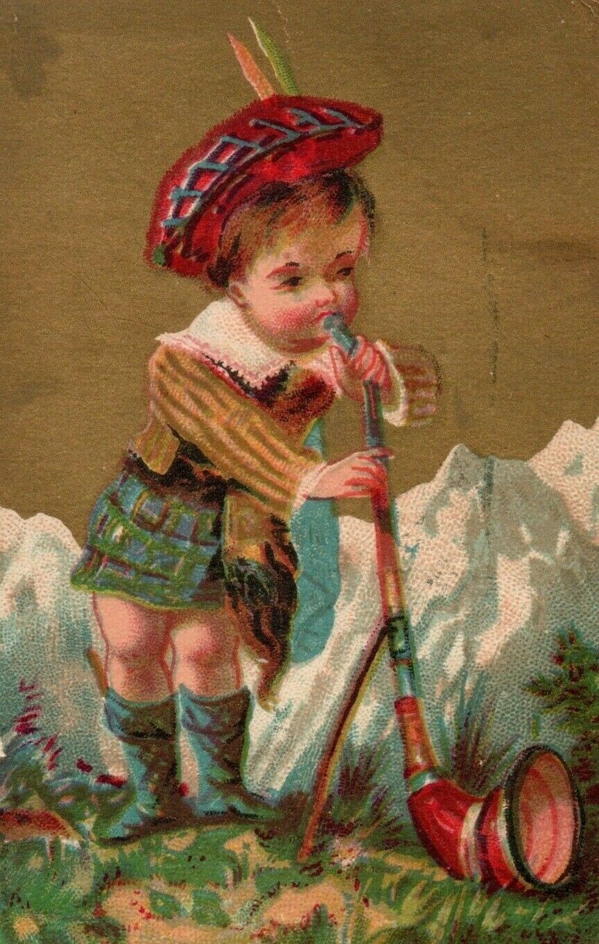 Victorian Trade Card of Scottish Boy in Kilt Blowing Horn Swiss Alps ...