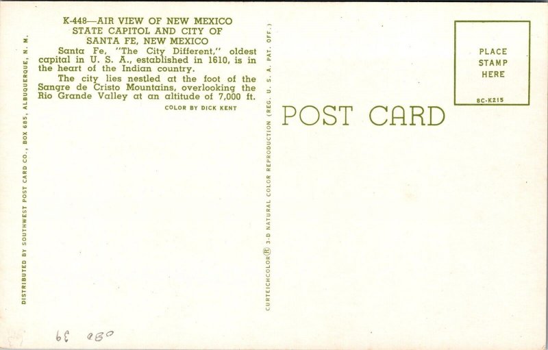 Vtg Santa Fe New Mexico NM Aerial View of City & State Capitol 1950s ...
