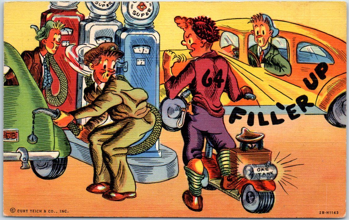 Gas Station / Car Comic Postcard Tough Guy on Moped "Fill 'Er Up" Linen ...