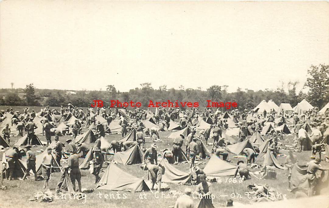 Pre-World War I, RPPC, Plattsburgh NY Military Training, Pitching Tents ...