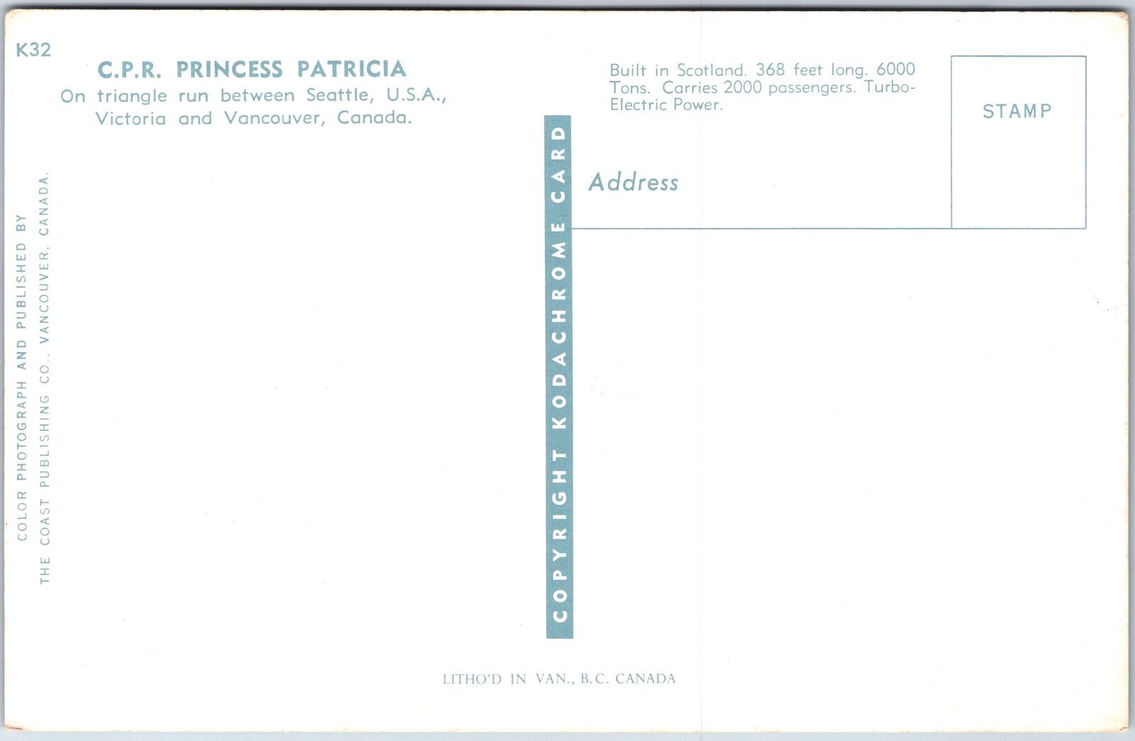 Vintage Postcard CPR Princess Patricia Triangle Route Seattle Victoria ...