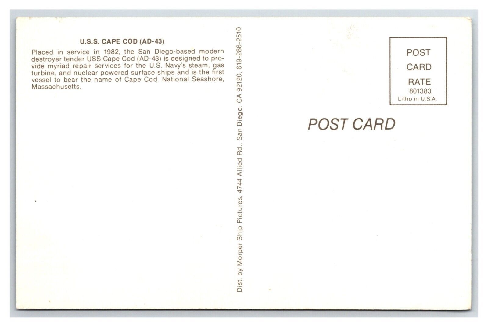 Navy Destroyer USS Cape Cod AD-40 UNP Chrome Postcard S9 | United ...