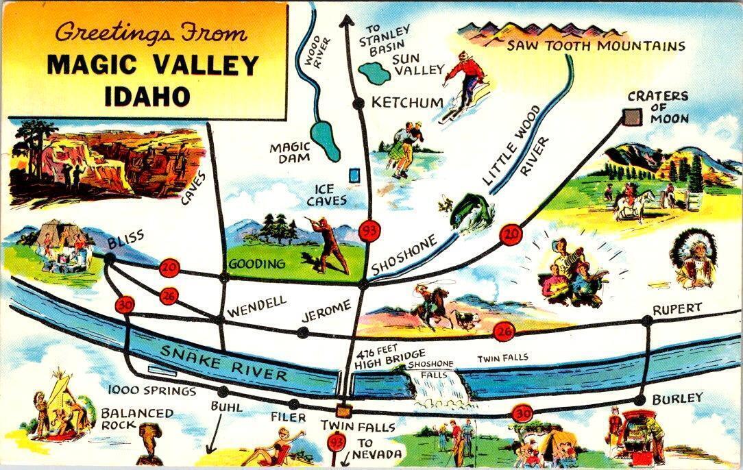 ID, Idaho MAGIC VALLEY MAP~ATTRACTIONS CARD Greetings 1962 Chrome ...