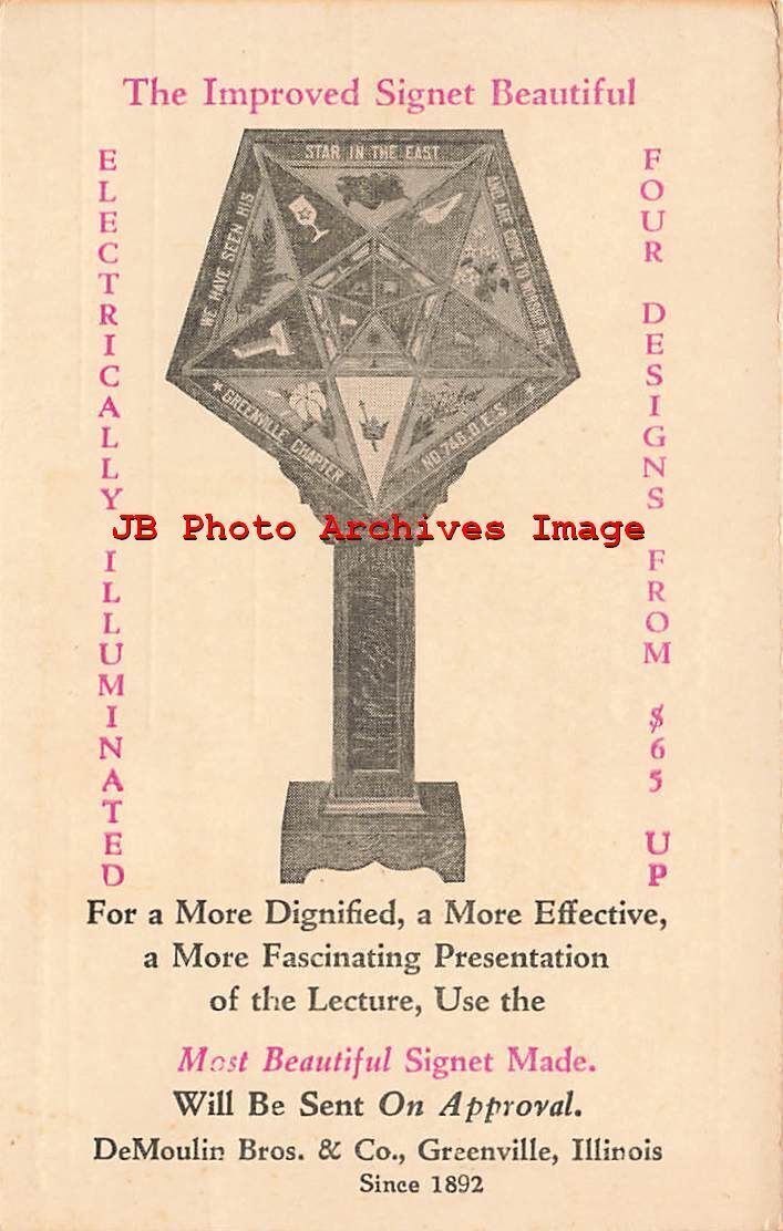 Advertising Postcard, DeMoulin Bros, Order of the Eastern Star Signet ...