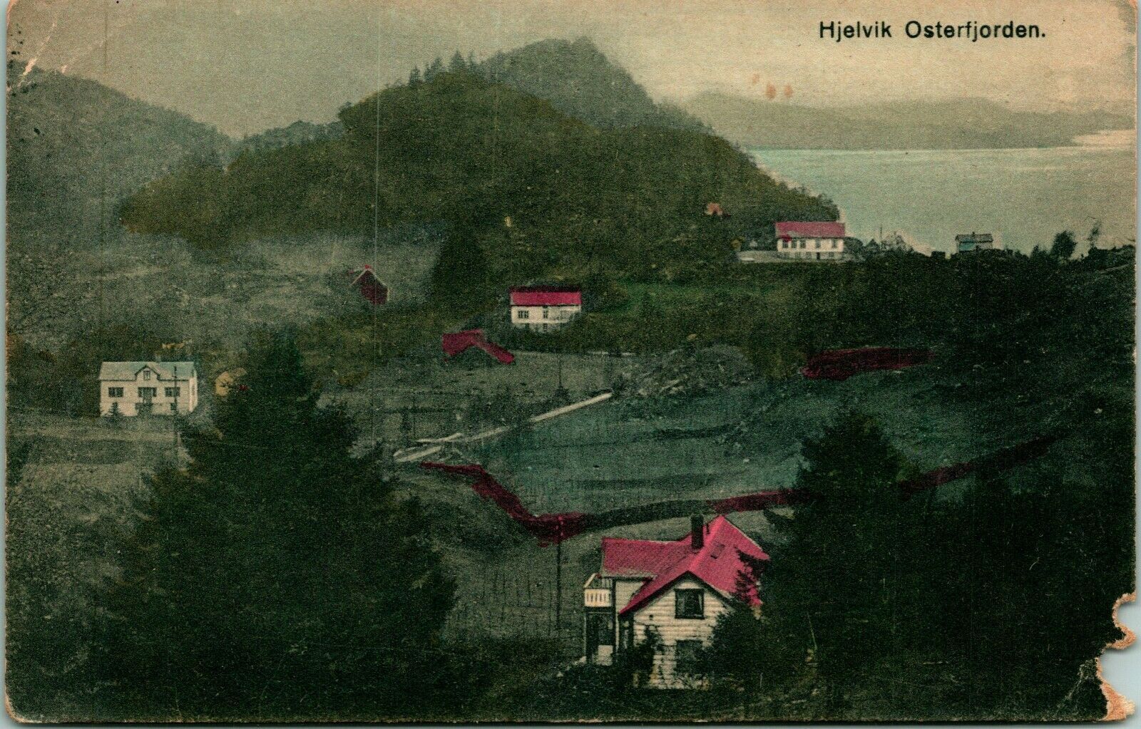 Vintage Cartolina 1910s Hjelvik Norvegia Osterfjorden Bird's Eye Vista ...