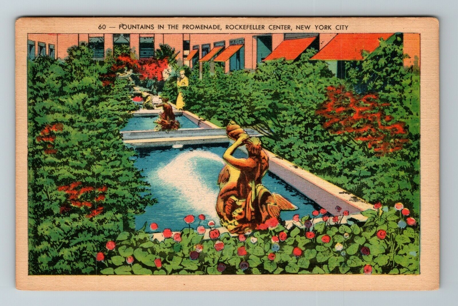 New York City-NY, Rockefeller Center Promenade Fountains, Vintage Linen ...