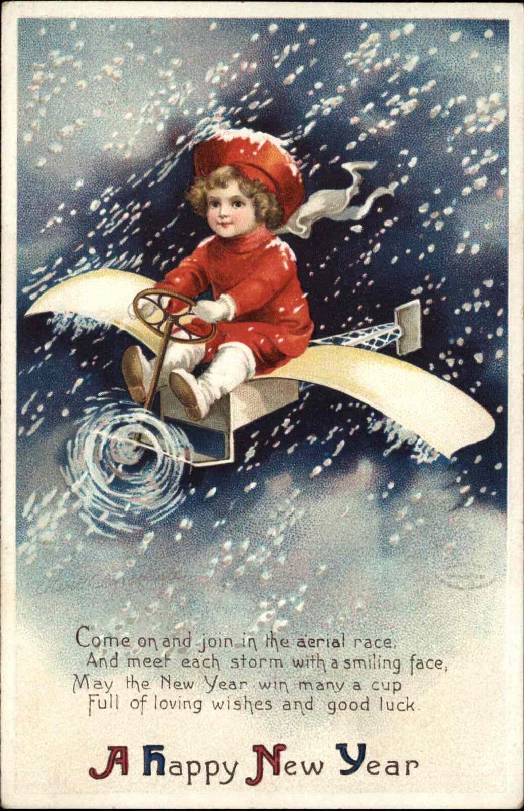New Year Boy Flying Airplane Snowstorm Ellen Clapsaddle c1910 Postcard ...