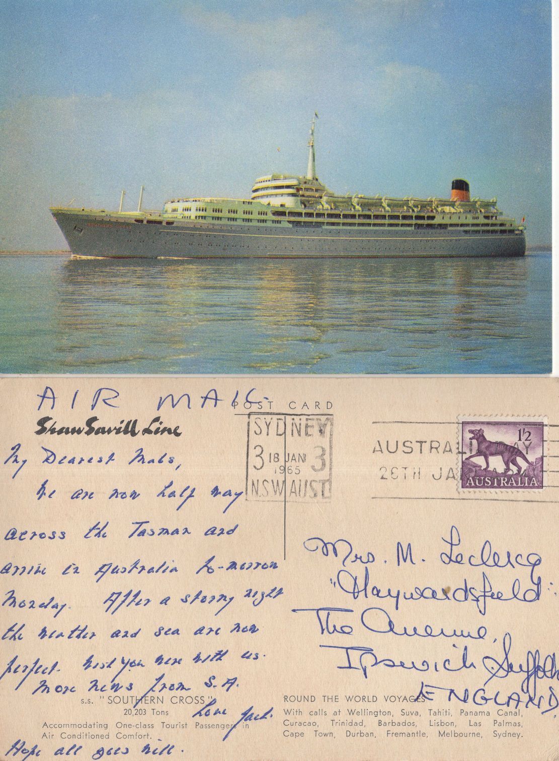 SS Southern Cross 1965 Sent On Board Ship Sydney 2x Postcard | Topics ...