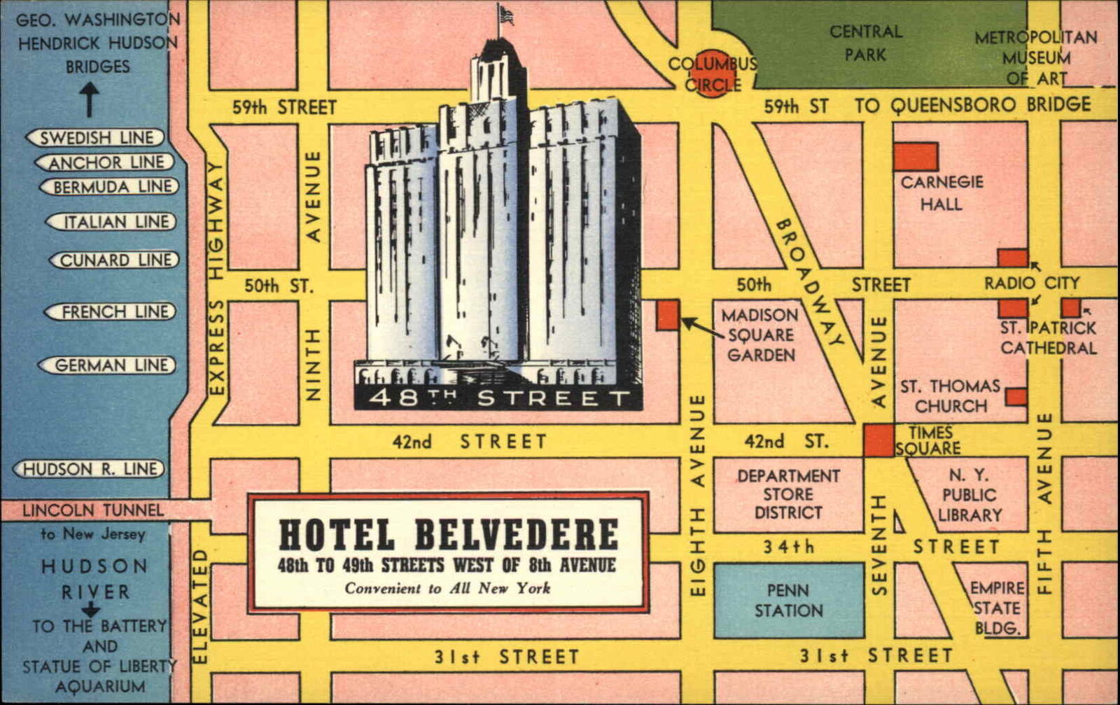 New York City New York NY Hotel Belvedere Map c1930s-40s Linen Postcard ...