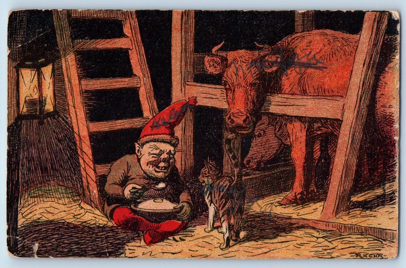 New Year Postcard Elf Gnome Eating In The Barn Cat Cow Animals Denmark ...