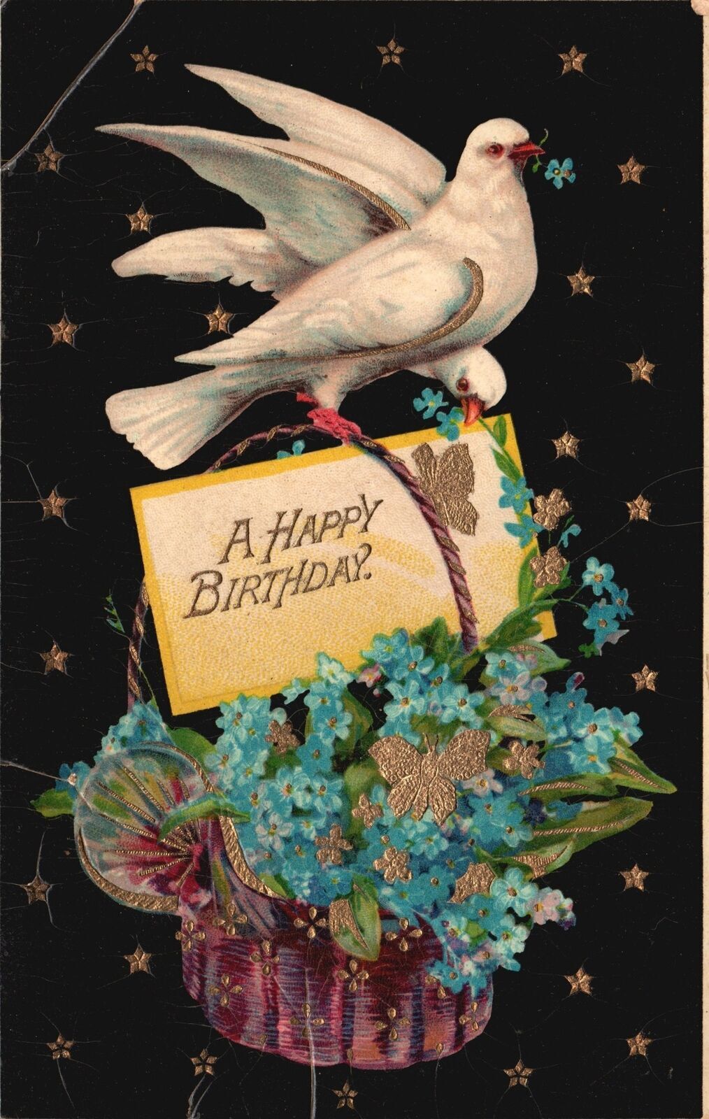 Vintage Postcard A Happy Birthday White Doves Basket Of Flowers Forget ...