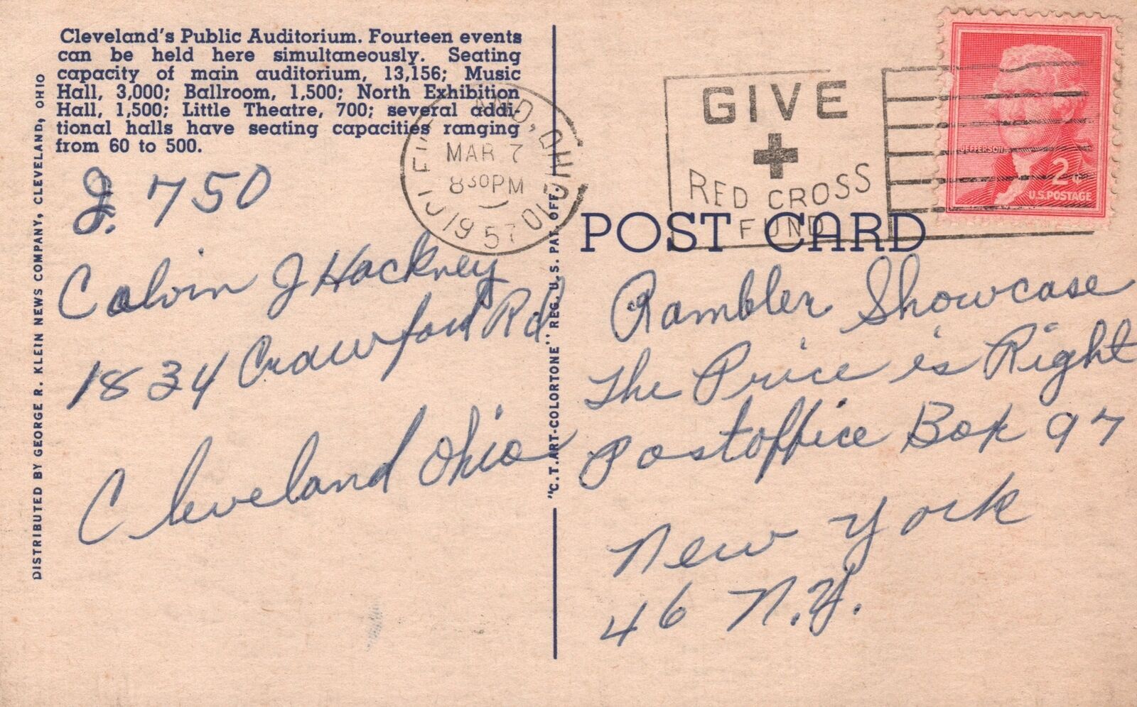 Vintage Postcard 1957 Public Auditorium Building Cleveland Ohio OH ...