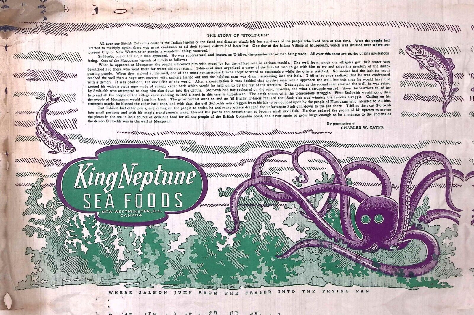 1950s King Neptune SEA Foods New Westminster B.C. Advertising Placemat ...