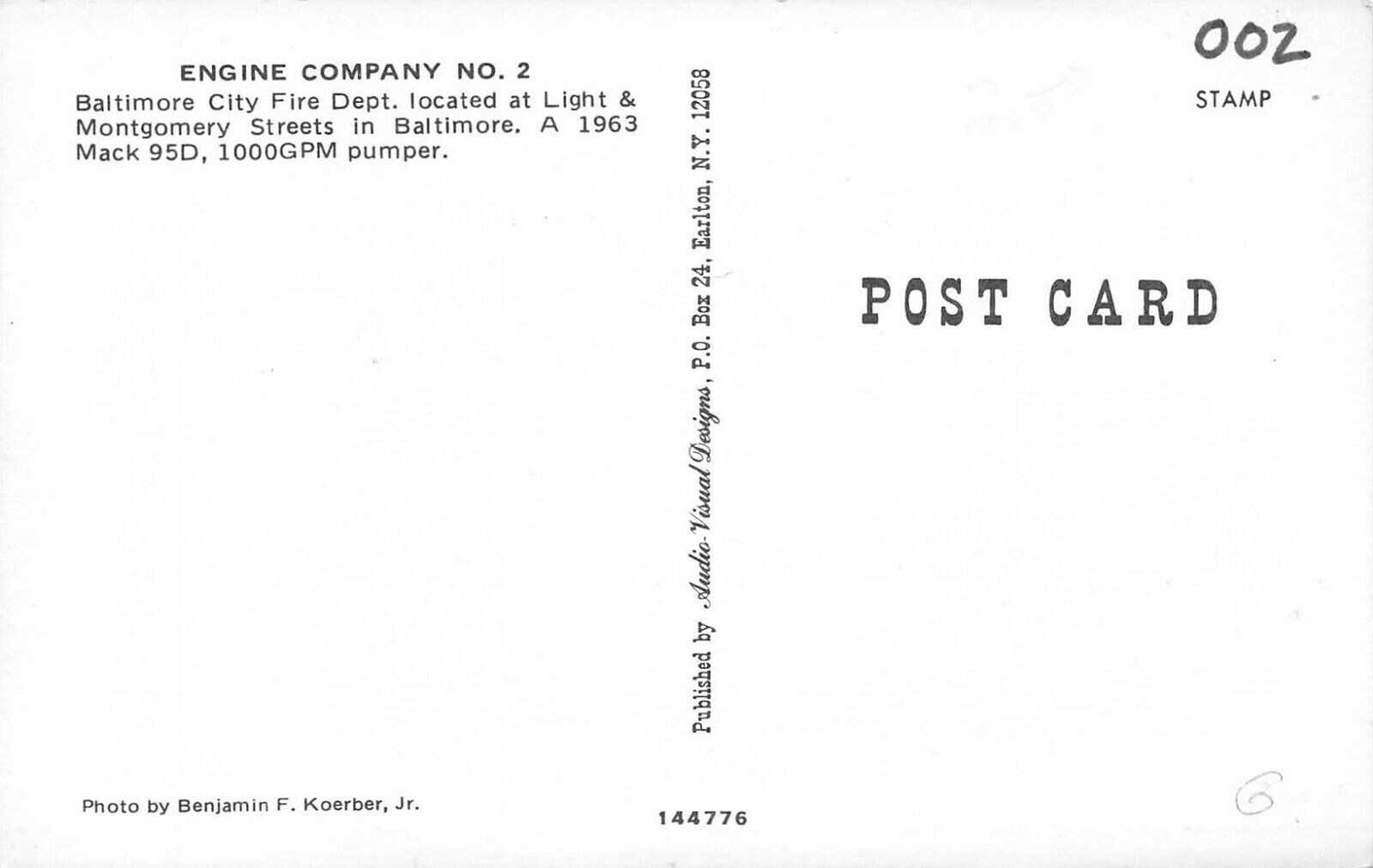Baltimore MD Fire Dept. Mack 95D Fire Engine Company #2 Postcard ...
