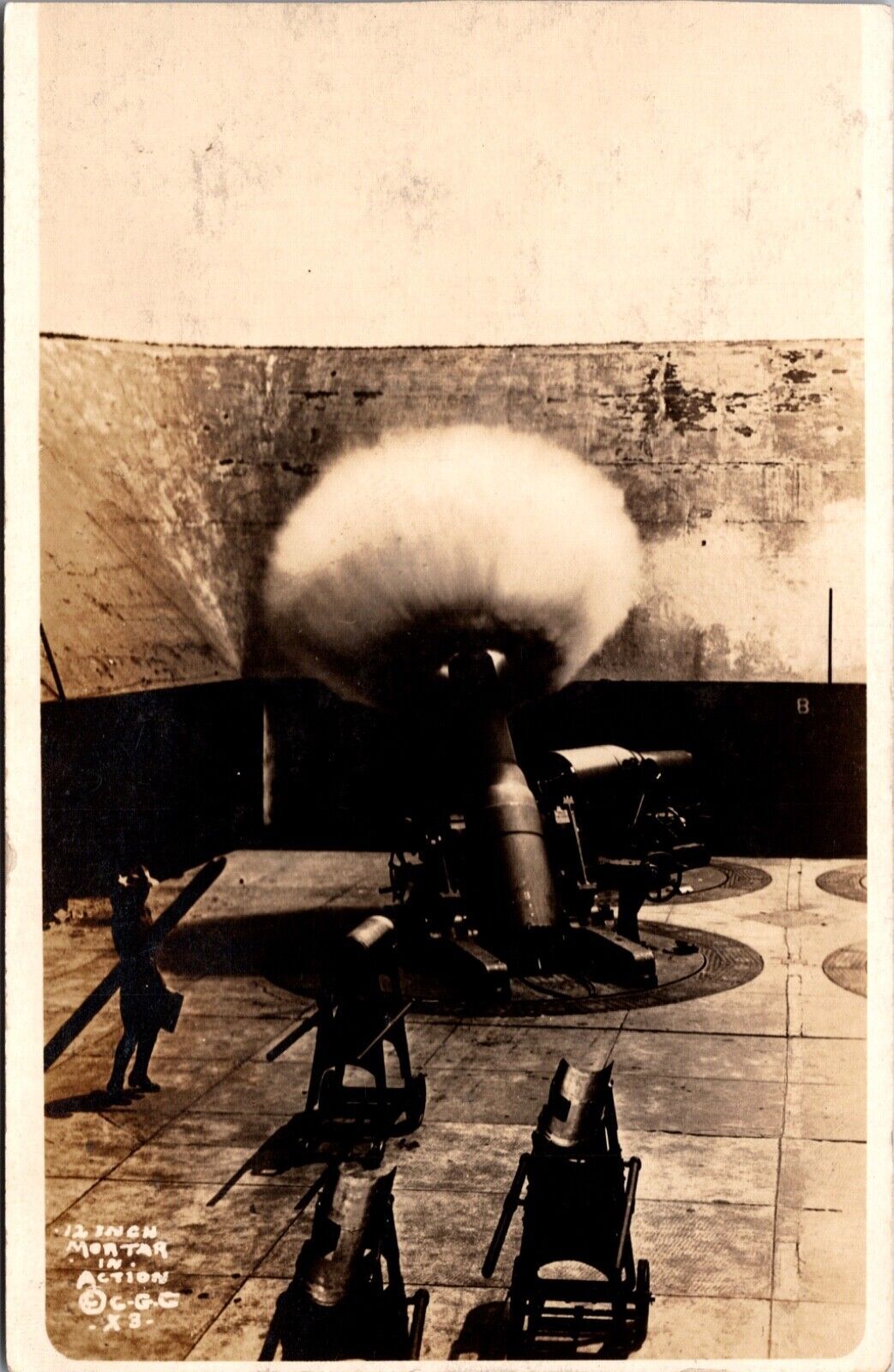 Real Photo Postcard 12 Inch Mortar Gun In Action Coastal Military ...