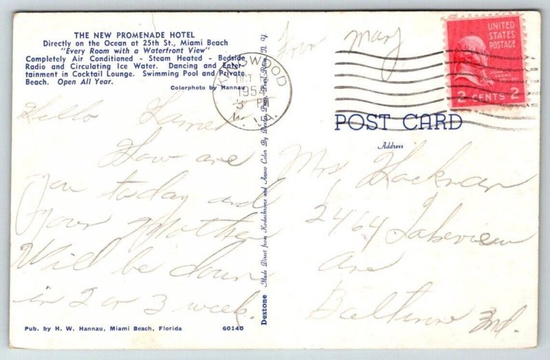 The New Promenade Hotel Miami Beach Florida 1954 Postcard | United ...