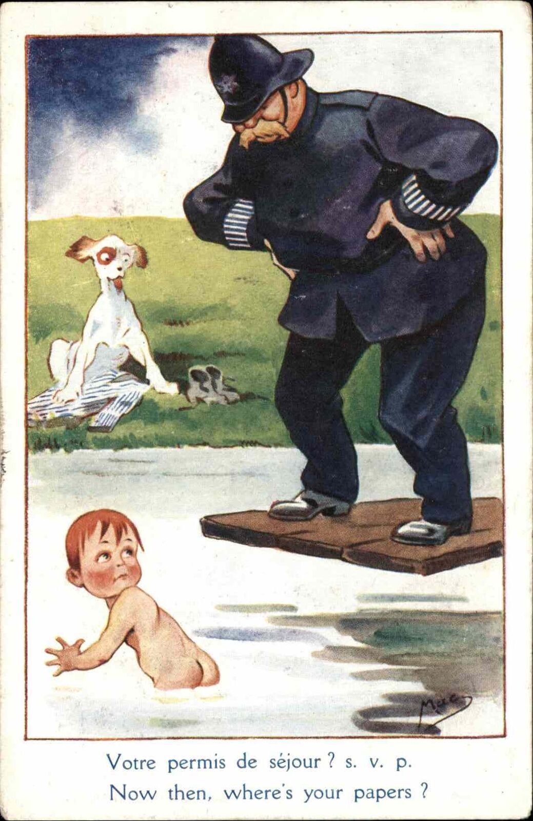 SIGNED MAE French Political Cartoon PC Policeman Cop Toddler Papers ...