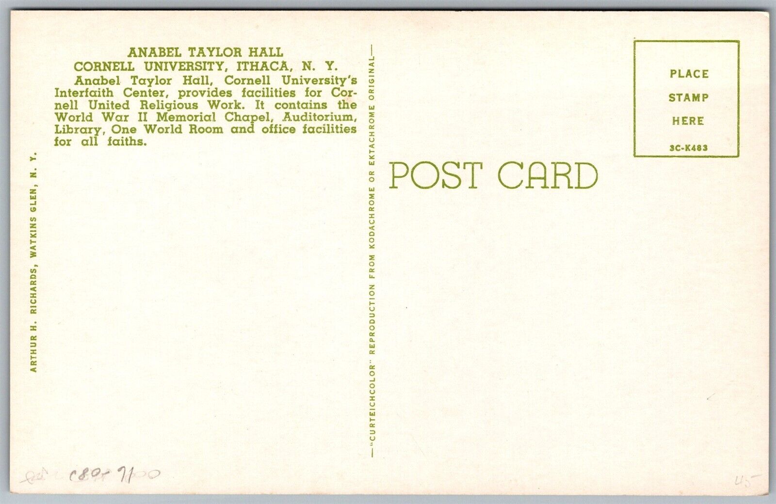 Vtg Ithaca New York NY Anabel Taylor Hall Cornell University 1950s View ...