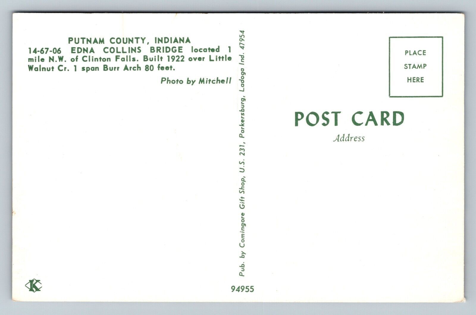 Edna Collins Covered bridge Clinton Falls Indiana Vintage Unposted ...