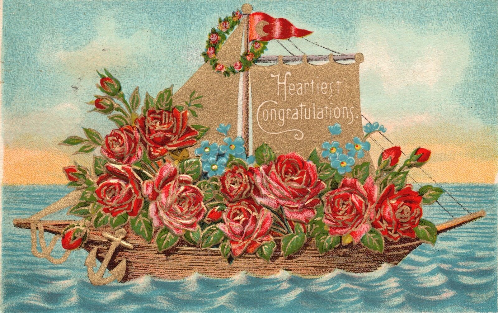Vintage Postcard 1909 Heartiest Congratulations Boat Flowers Greetings ...