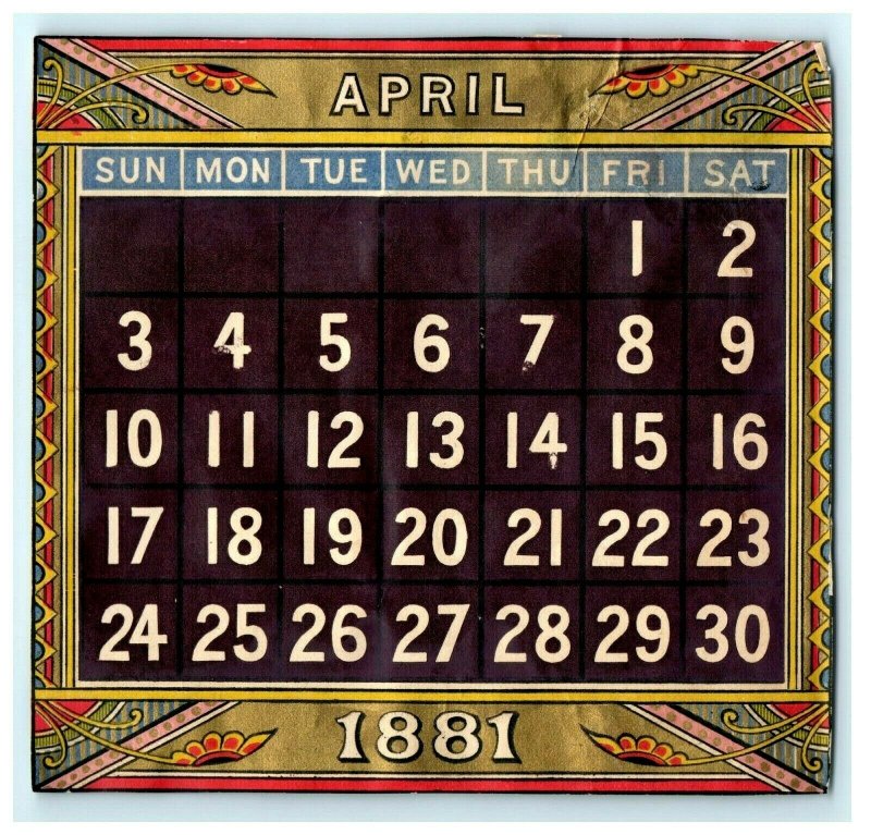 1881 Graphical Scrap Cincinnati OH Printers April Calendar Art Nouveau ...