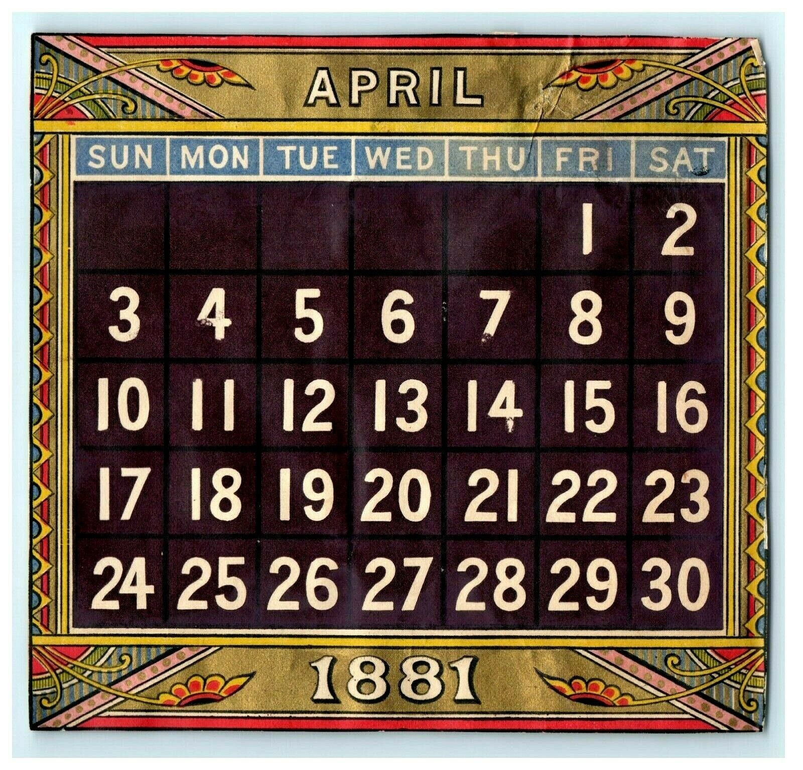 1881 Graphical Scrap Cincinnati OH Printers April Calendar Art Nouveau ...