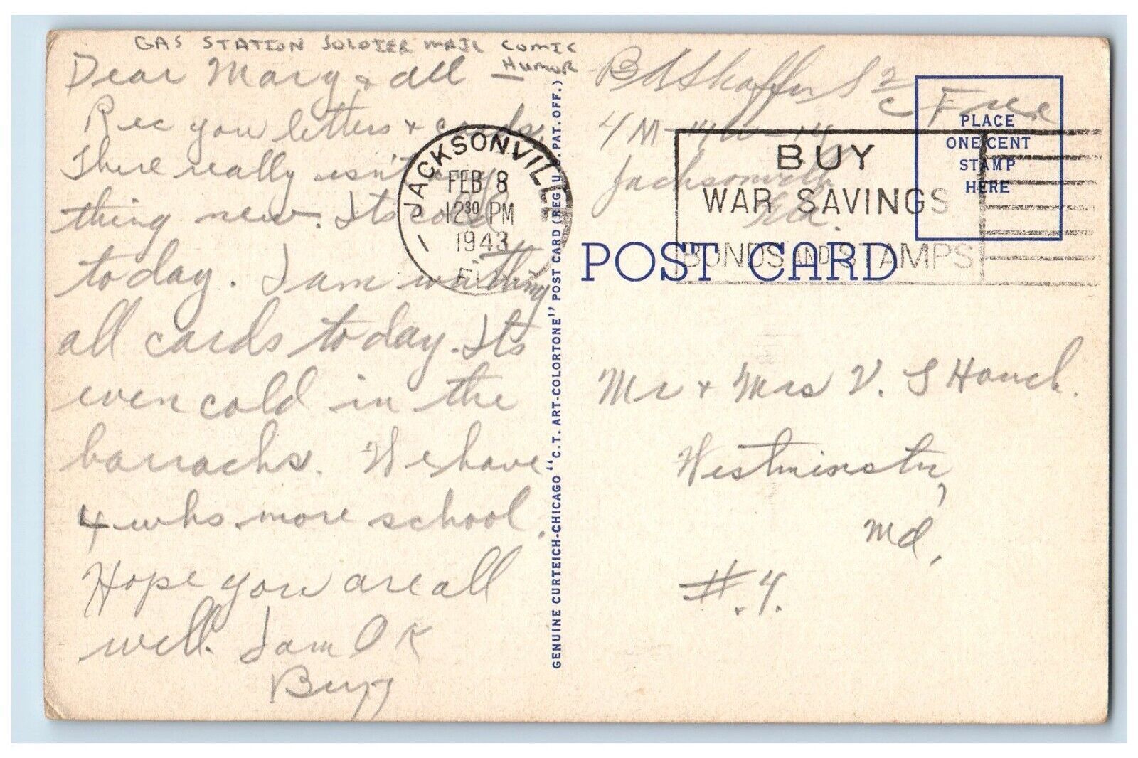 1943 Gas Station Soldier Mail Comic Humor Jacksonville FL Posted ...