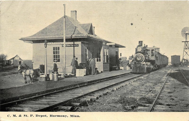 H11/ Harmony Minnesota Postcard c1910 CM&STP Railroad Depot Locomotive ...