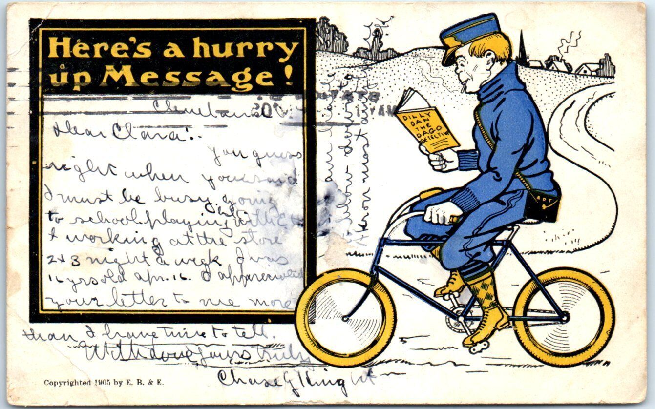 Here's a hurry up Message! with Mailman reading while on a bike Comic ...