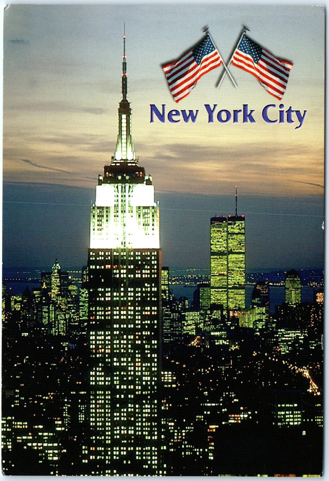 c1990s NYC NY Night Empire State Building +WTC Twin Tower World Trade ...