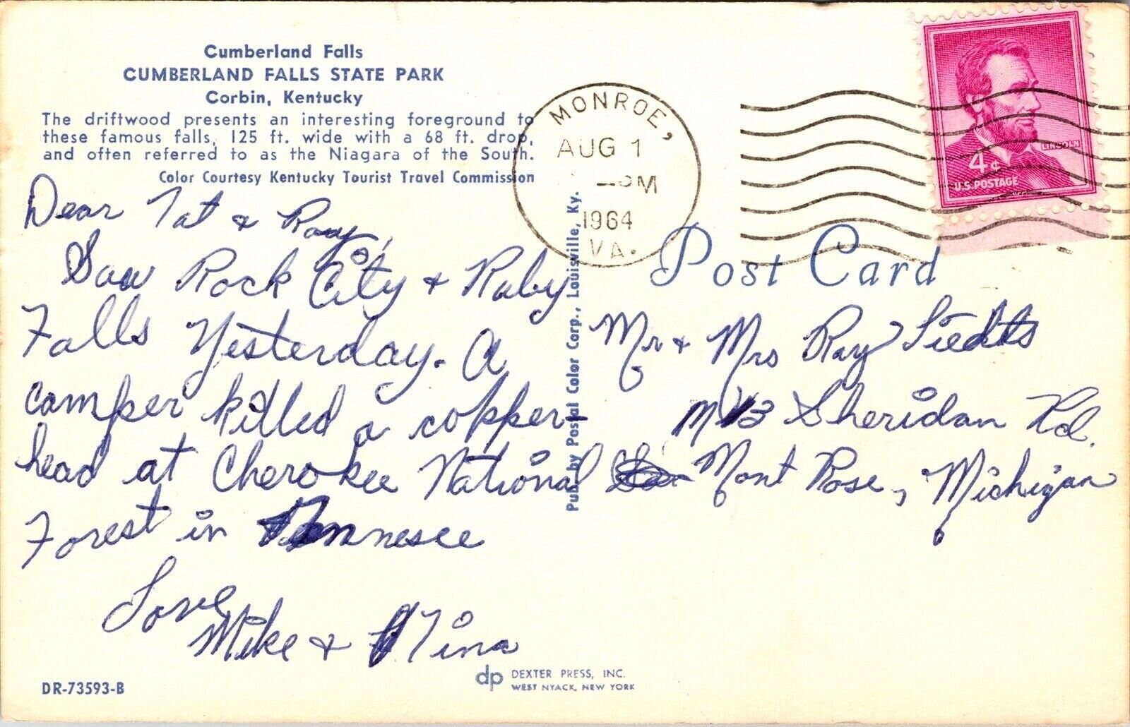 Cumberland Falls State Park Corbin Kentucky KY Postcard PM Monroe VA ...