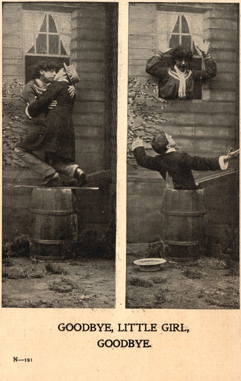 Vintage Postcard Lovers Farewell Kissing Over The Window Goodbye Little ...