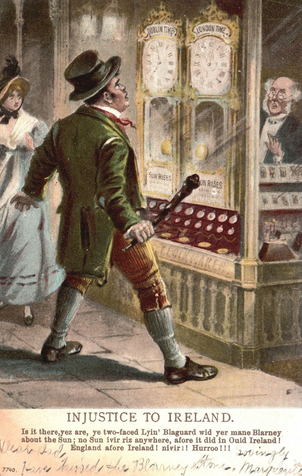 Postcard 1904 Injustice To Ireland Irish Man Facing Clock Maker Store ...