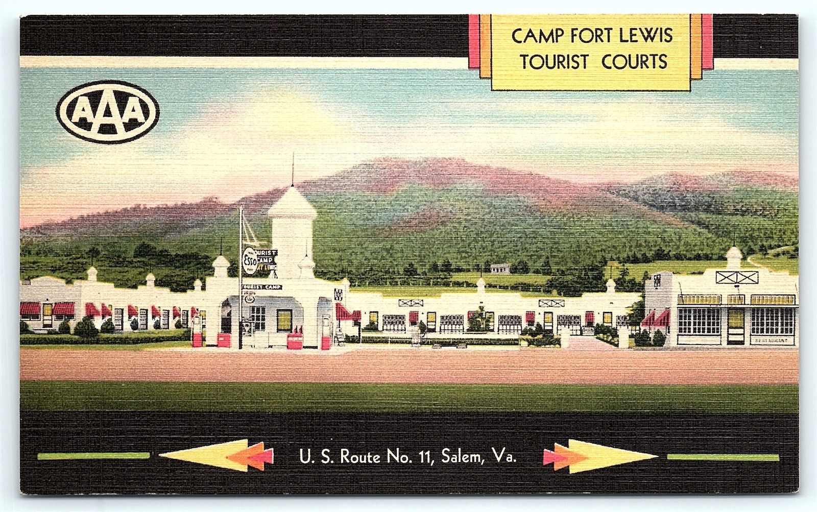Postcard VA Salem Camp Fort Lewis Tourist Courts Esso Gas Station Linen ...